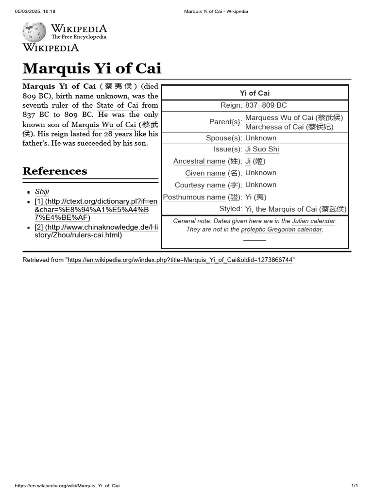 Marquis Yi of Cai: Biography and Legacy | PDF