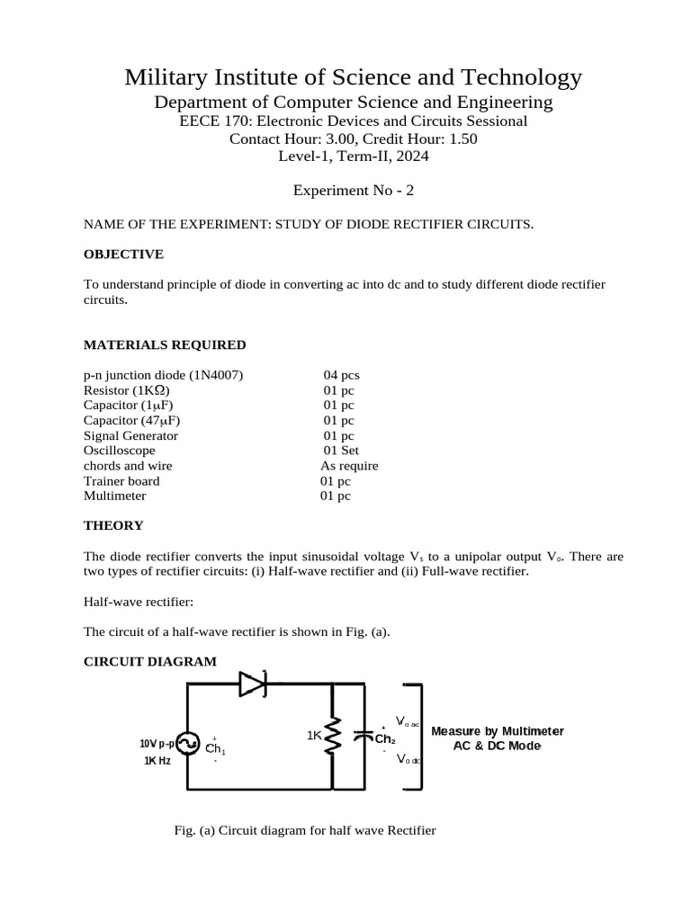EXP 02 STUDY OF DIODE RECTIFIER CIRCUITS (1) | PDF | Rectifier | Diode