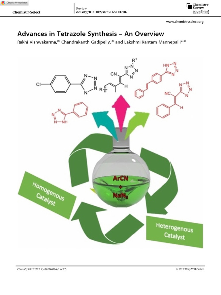 ChemistrySelect - 2022 - Vishwakarma - Advances in Tetrazole Synthesis ...