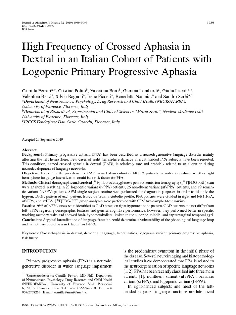High Frequency of Crossed Aphasia in Dextral in An Italian Cohort of ...
