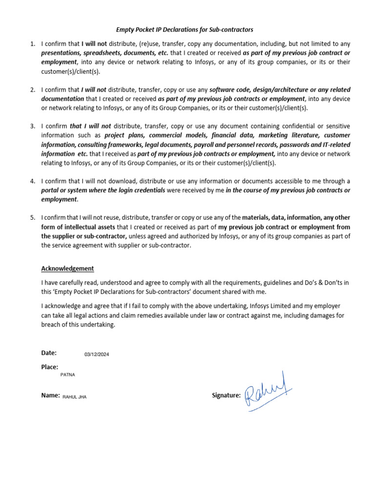 Sub-contractor IP Declaration Agreement | PDF