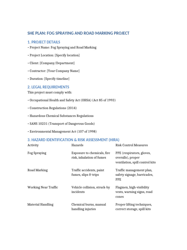 SHE Plan: Fog Spraying & Road Marking | PDF | Dangerous Goods ...