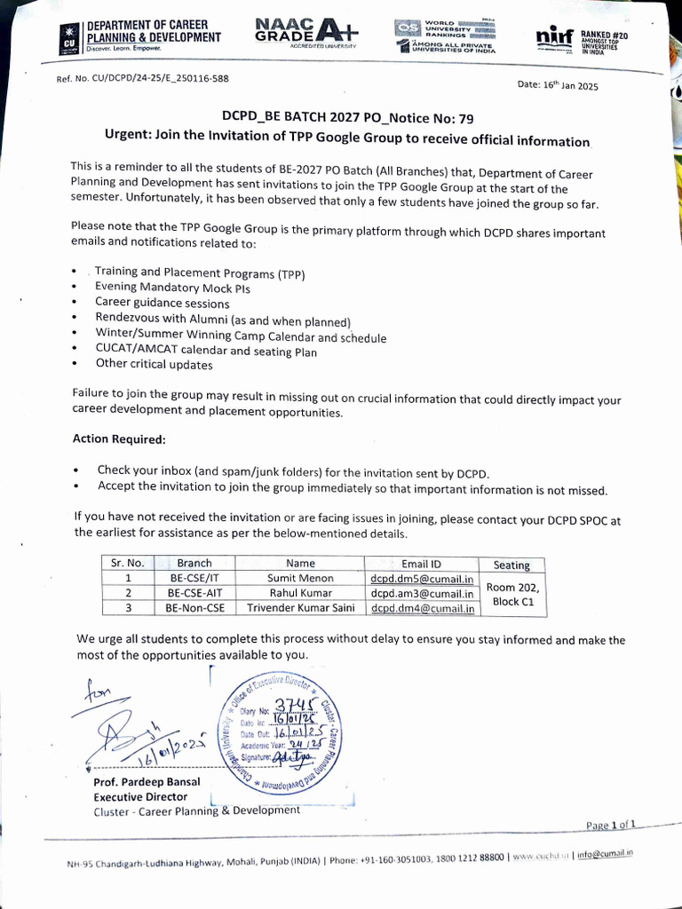 Notice - TPP Group To Receive Official Information BE Batch 2027 PO ...