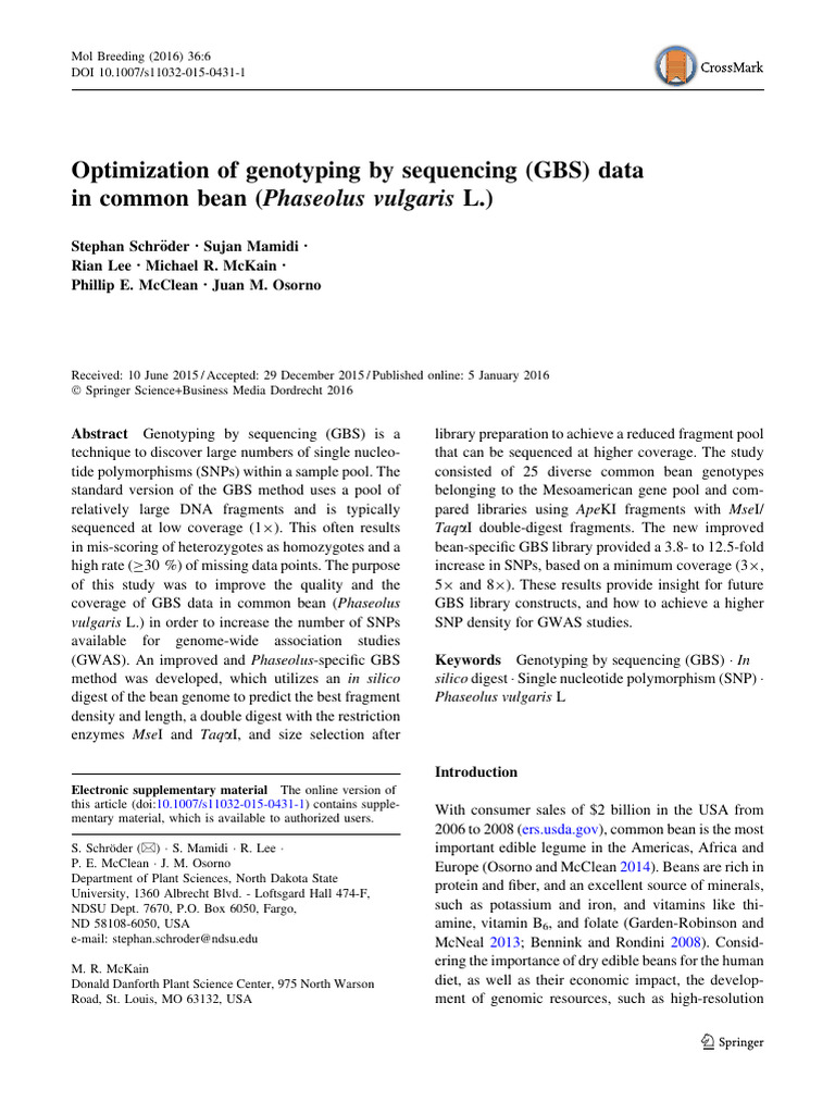 Optimization of Genotyping by Sequencing (GBS) Data in Common Bean (Phaseolus Vulgaris L.) | PDF ...