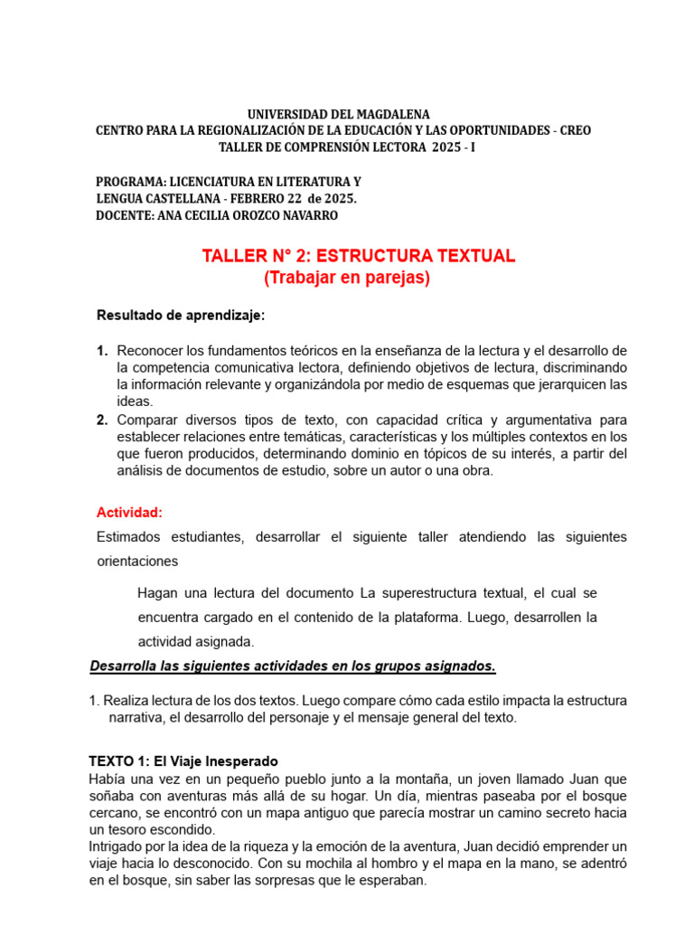 Taller 2. Estructura Textual | PDF | Comprensión lectora