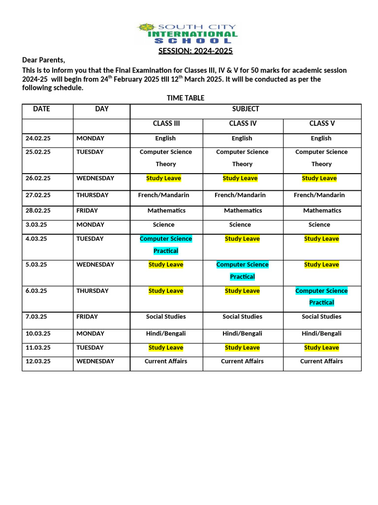 Final Exam Time Table 2024 25 | PDF