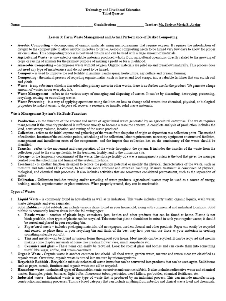 Agri_Lesson 3 notes | PDF | Compost | Waste