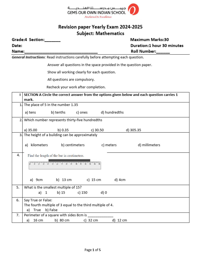 Revision Paper - 2024-2025 Yearly Exam | PDF