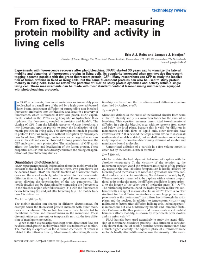 From Fixed to FRAP Measuring Protein Mobility and Activity in Living Cells | PDF | Cell Membrane ...