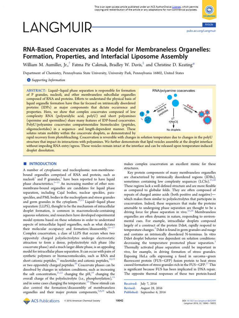 Aumiller Et Al 2016 Rna Based Coacervates As A Model For Membraneless ...