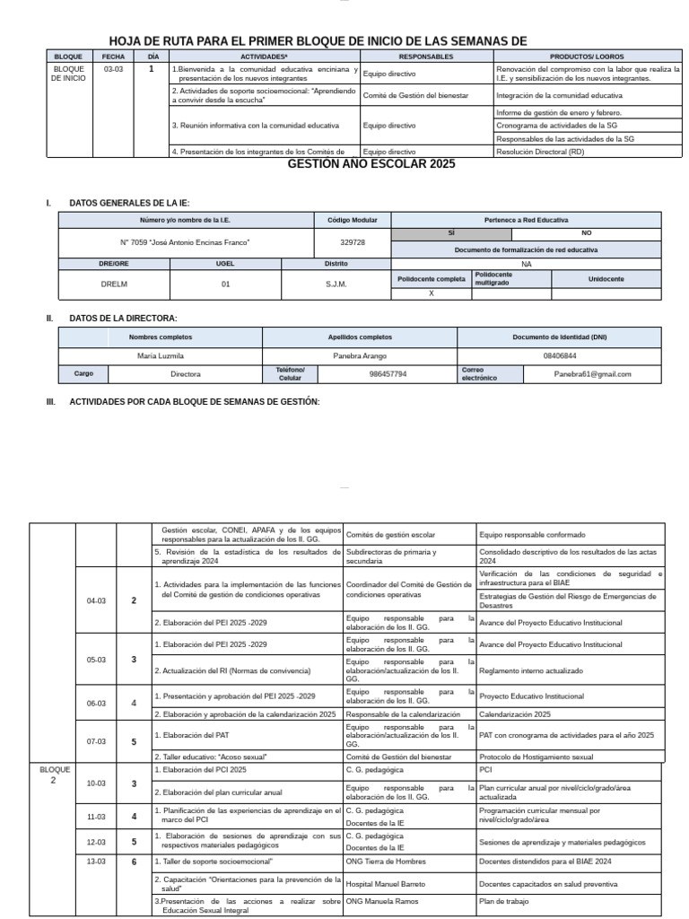 Hoja de Ruta para El Primer Bloque de Las Semanas de Gestion 2025 | PDF | Aprendizaje