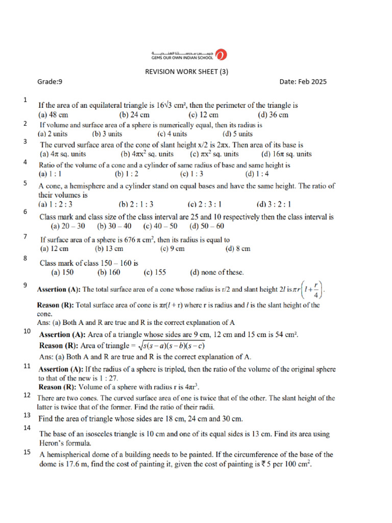 Grade 9 Revision Work Sheet 3 | PDF