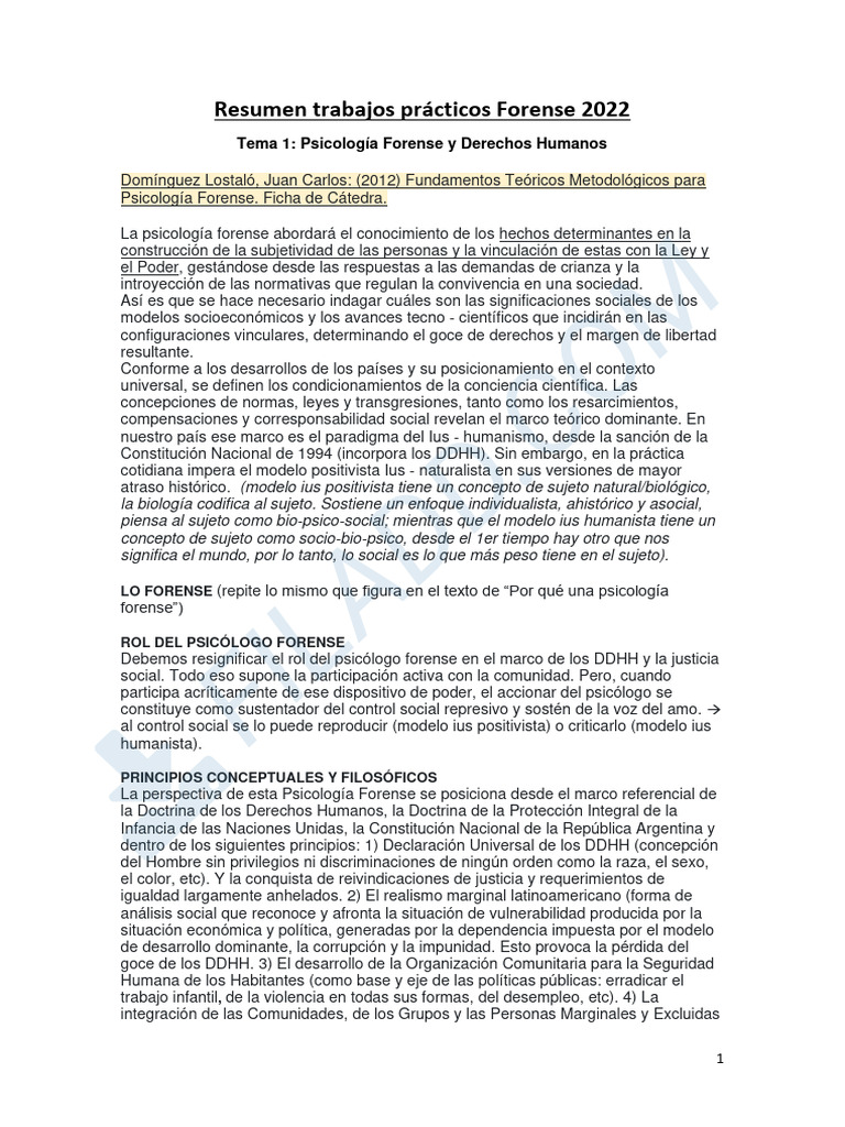 Resumen Trabajos Practicos Forense 2022 TP 1 - 5 | PDF | Sicología | Derechos humanos