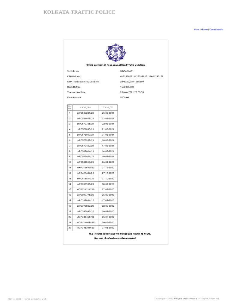 Kolkata Traffic Police Case Details | PDF