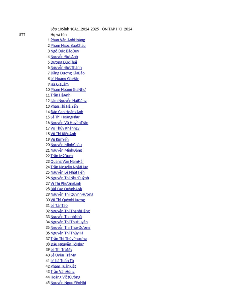 Lớp 10Sinh 10A1 - 2024-2025 - ÔN TẬP HKI -2024 STT Họ và tên 1 2 3 4 5 6 7 8 9 10 11 12 13 14 15 ...