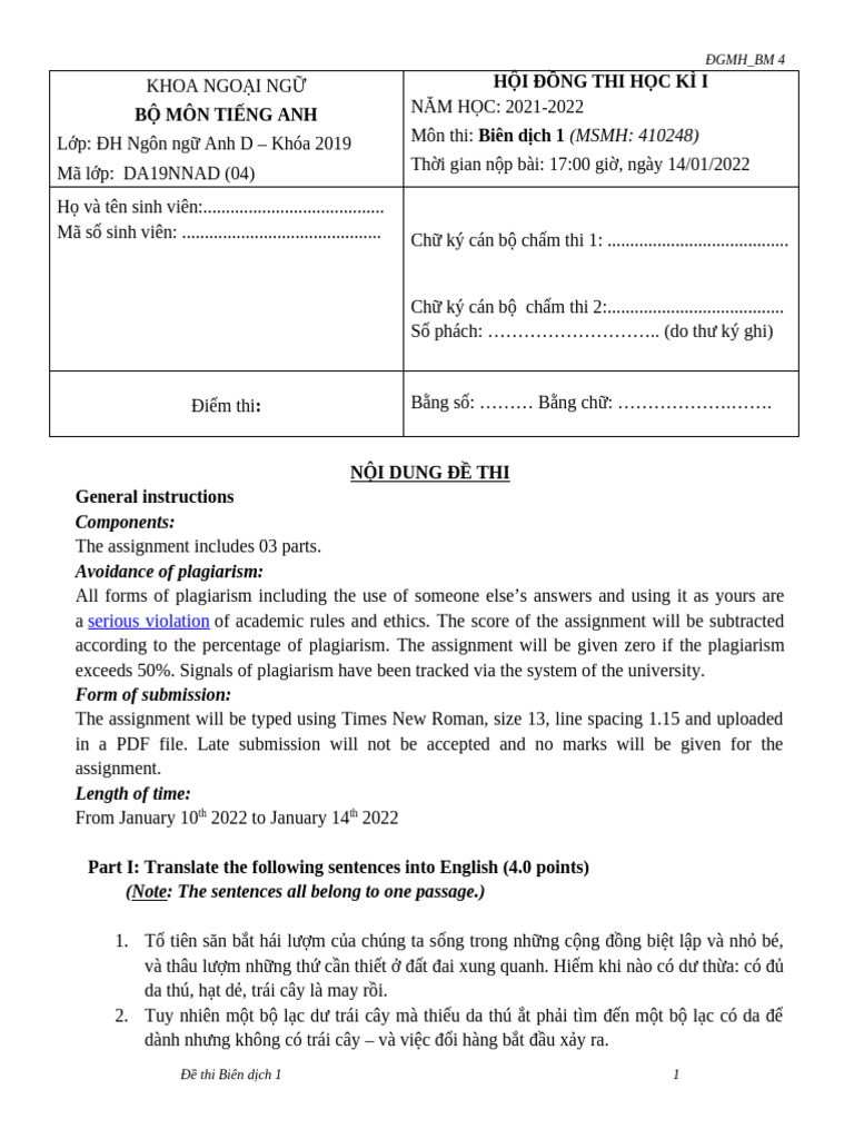 De Thi Bien Dich 01-DA19NNAD | PDF