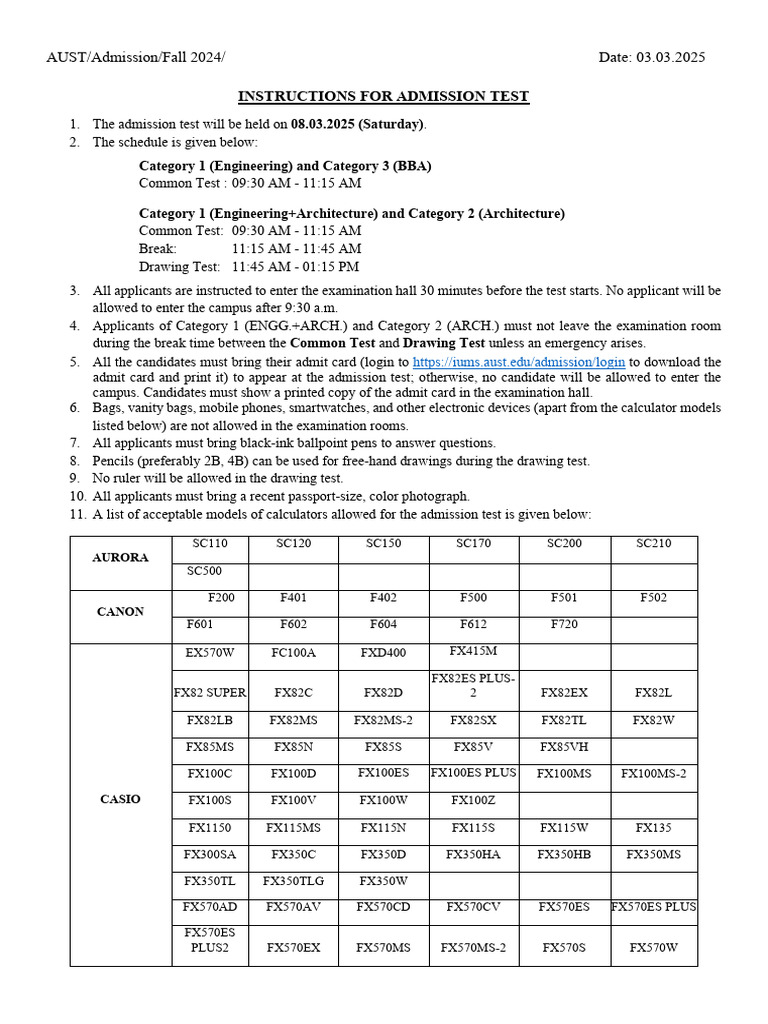 Instruction For Admission Test Candidates | PDF