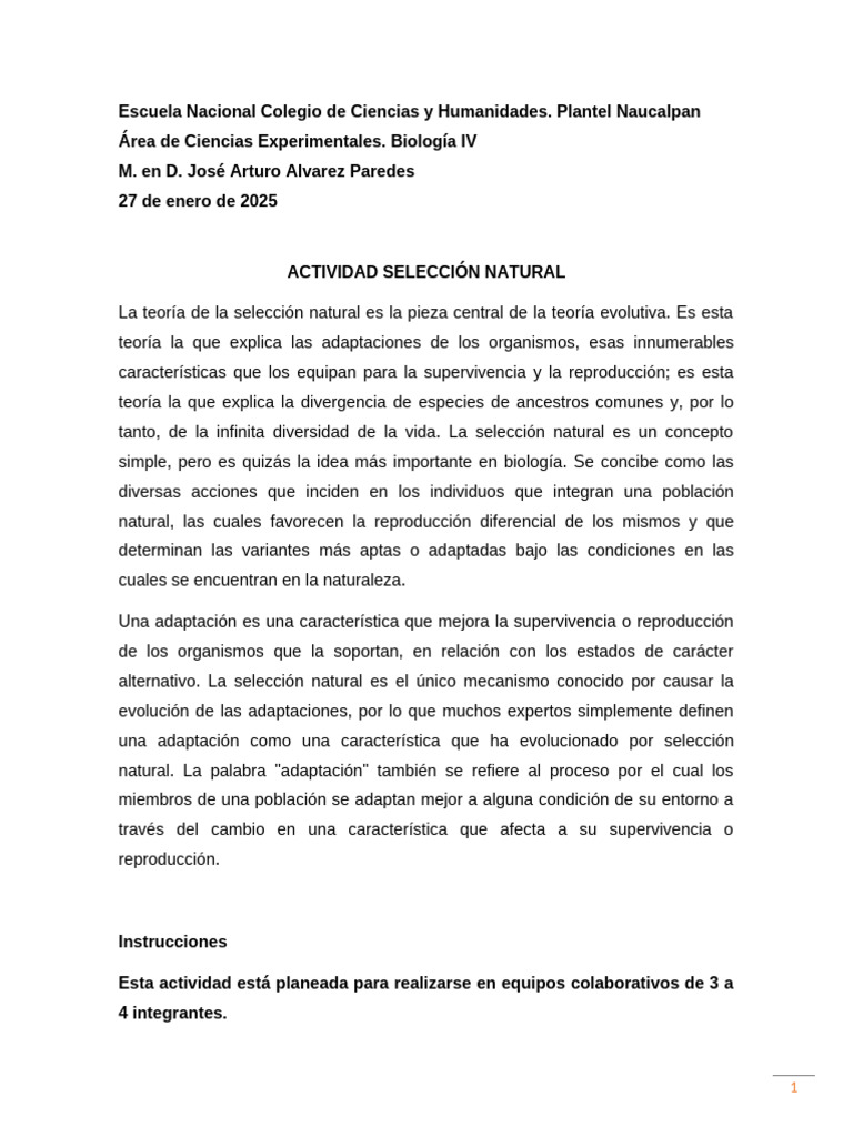 Actividad sobre Selección Natural en Biología | PDF | Seleccion natural ...