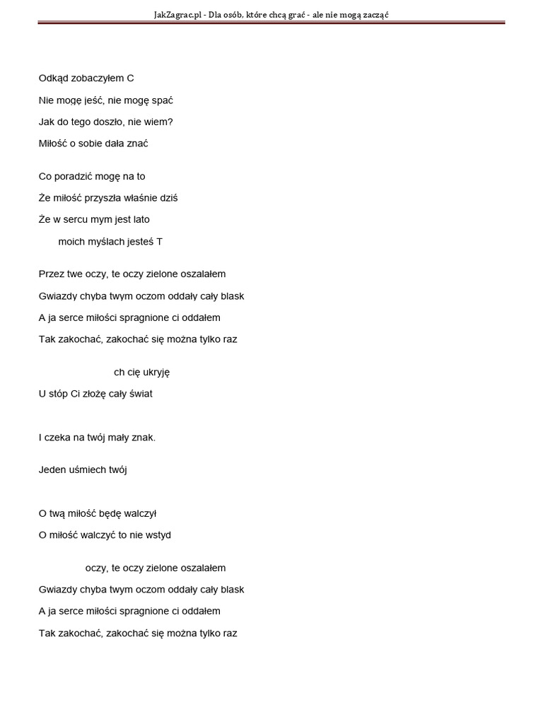 Przez Twe Oczy Zielone Tekst I Chwyty | PDF