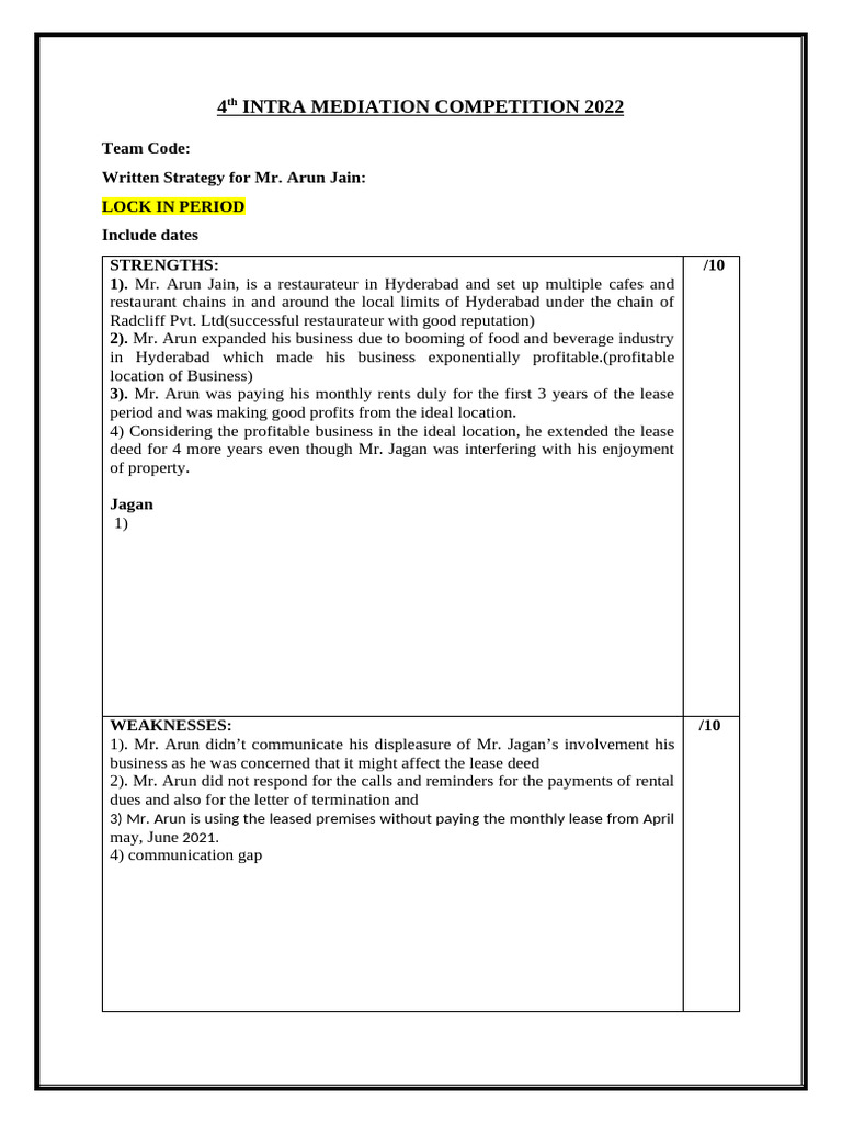 Mediation Strategy for Restaurant Lease Dispute | PDF | Lease | Civil ...