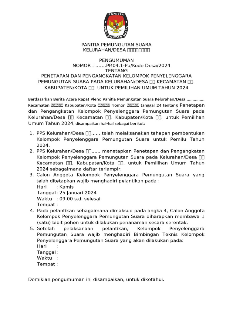Format Pengumuman Pengangkatan KPPS | PDF
