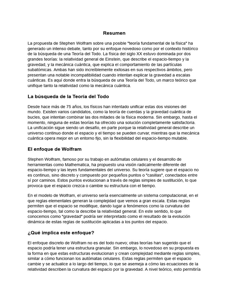 Resumen Wolfram | PDF | Teoría de todo | Espacio