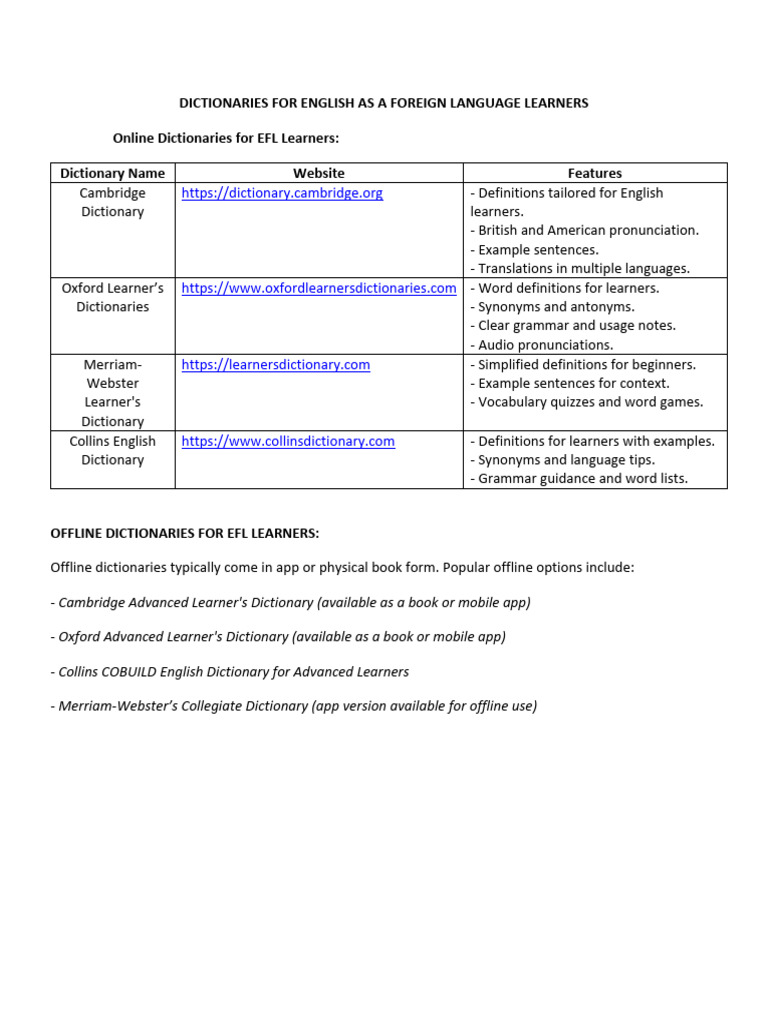 Dictionaries For EFL Learners | PDF