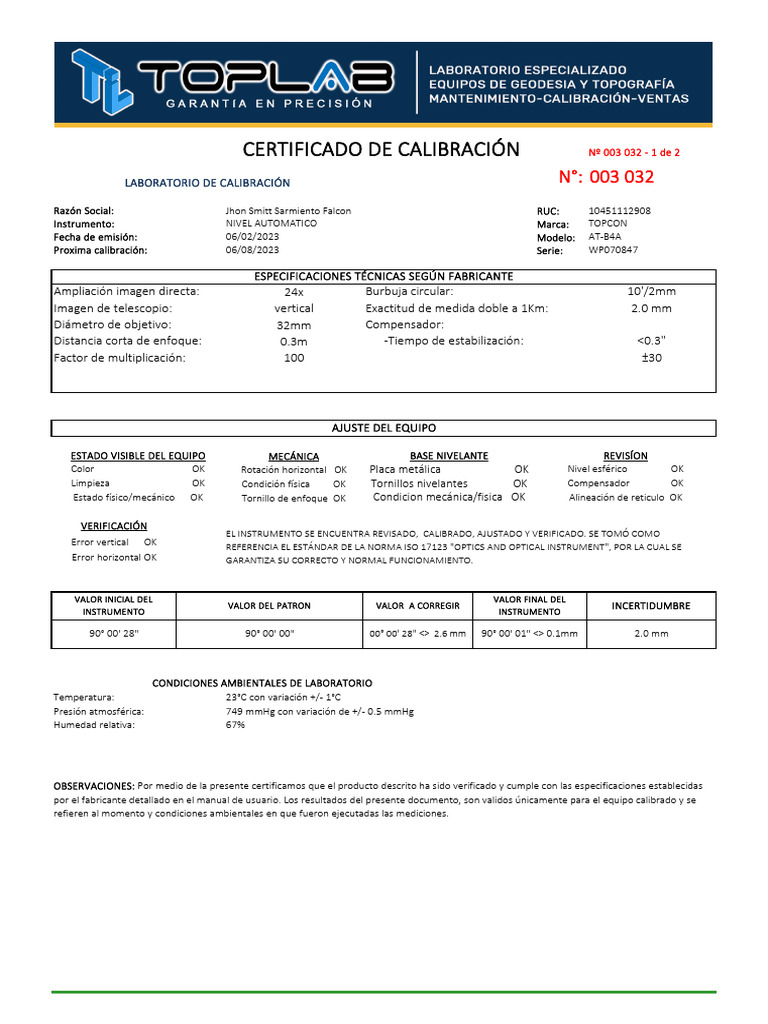 Certificado de Calibración de Instrumento | PDF