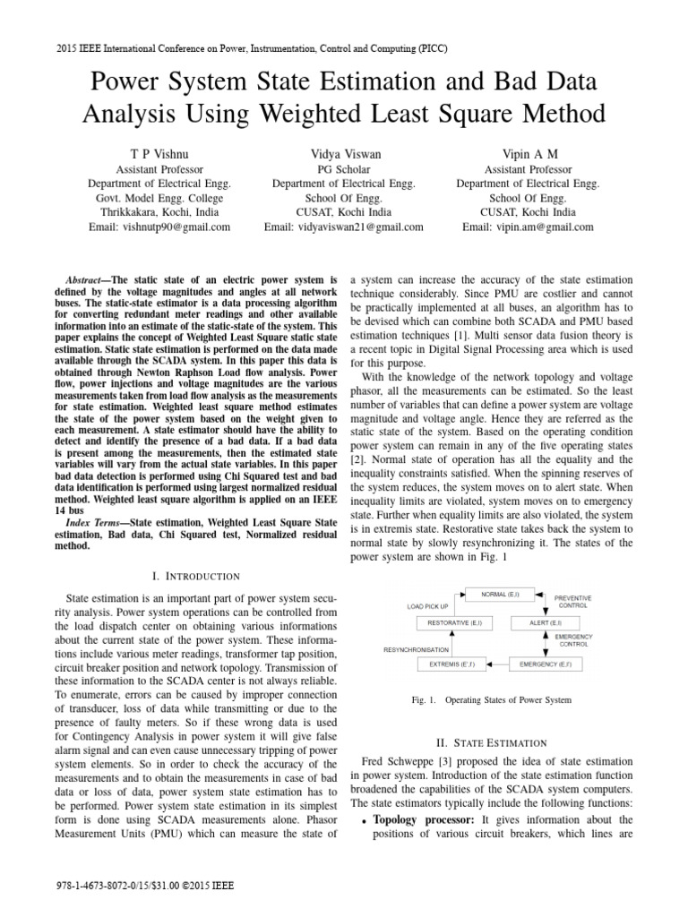 Power System State Estimation and Bad Data Analysis Using Weighted Least Square Method | PDF ...
