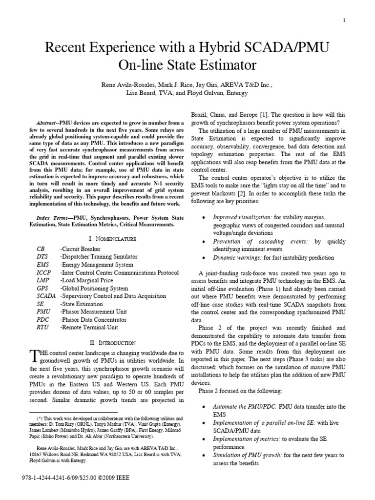 Recent Experience With A Hybrid Scada Pmu On Line State Estimator Pdf Errors And Residuals