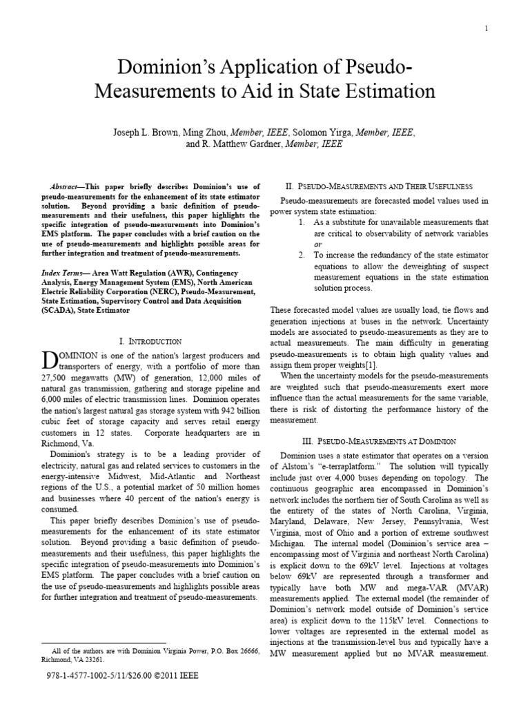 Dominions Application Of Pseudo Measurements To Aid In State Estimation