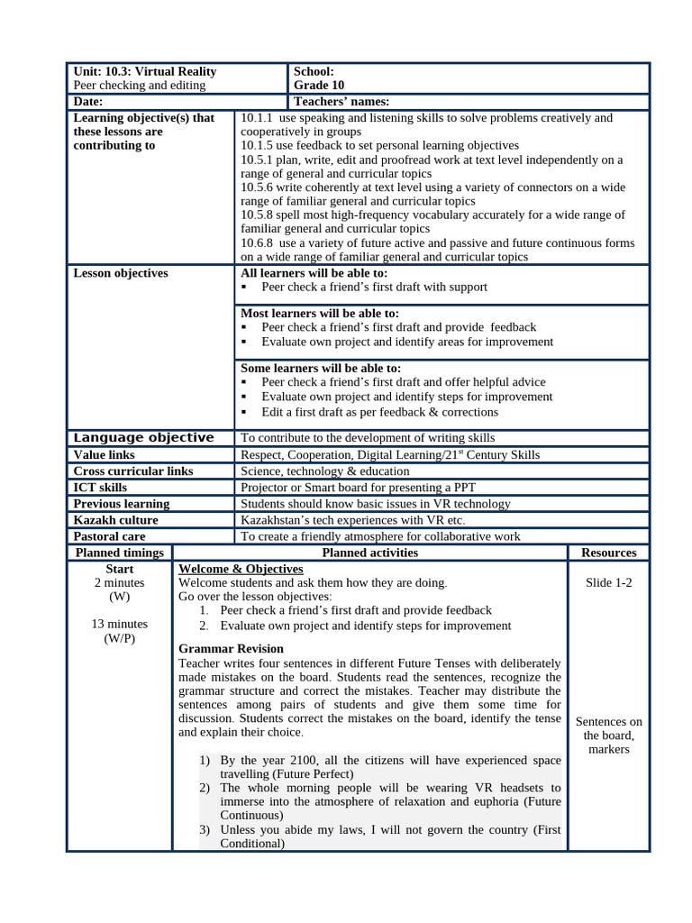 English Grade 10 Unit 3 Virtual Reality - Lesson Plan | PDF | Learning | Human Communication