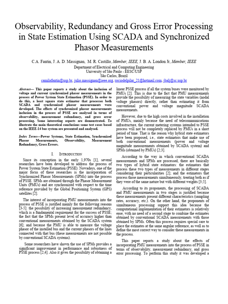 Observability Redundancy And Gross Error Processing In State Estimation Using Scada And