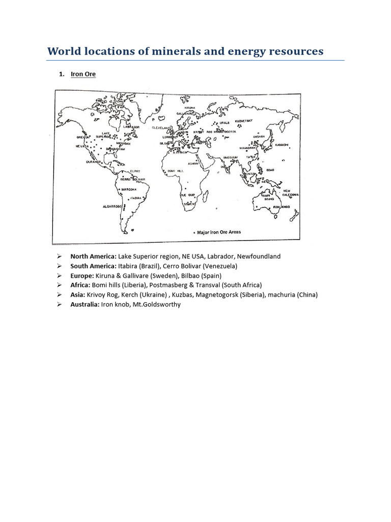 World Locations of Minerals and Energy Resources Map Class 06 | PDF ...