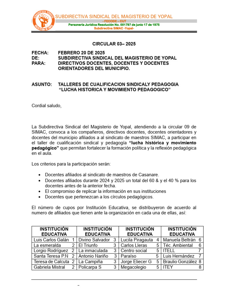 CIRCULAR 03 de 2025 SUBDIRECTIVA YOPAL | PDF