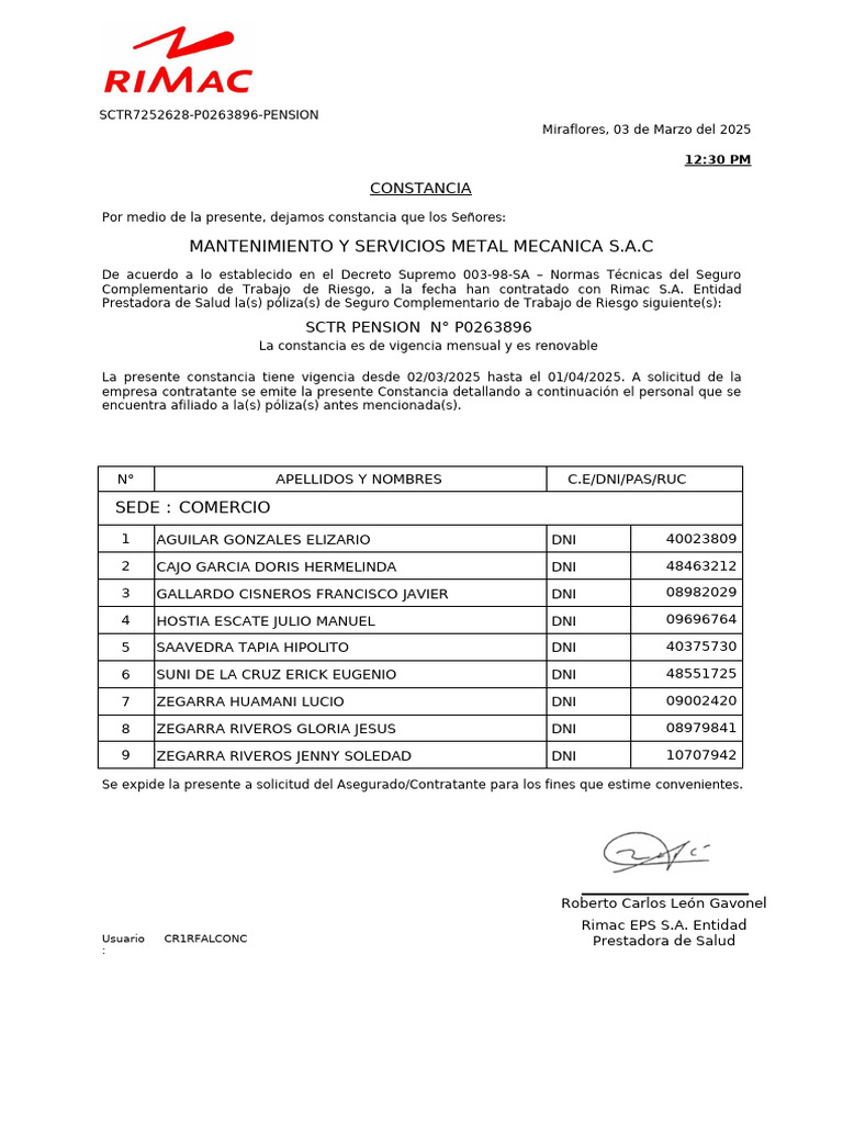 Constancia SCTR Marzo 2025 | PDF
