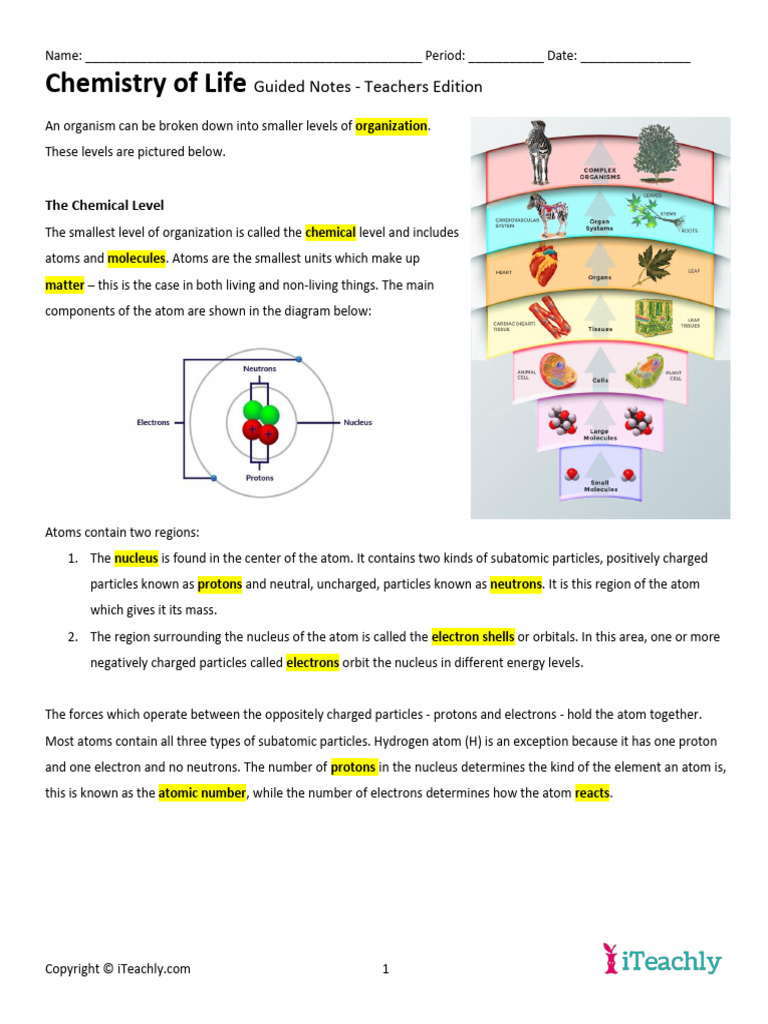 1 4 Guided Notes TE Chemistry of Life | PDF | Chemical Bond | Ion
