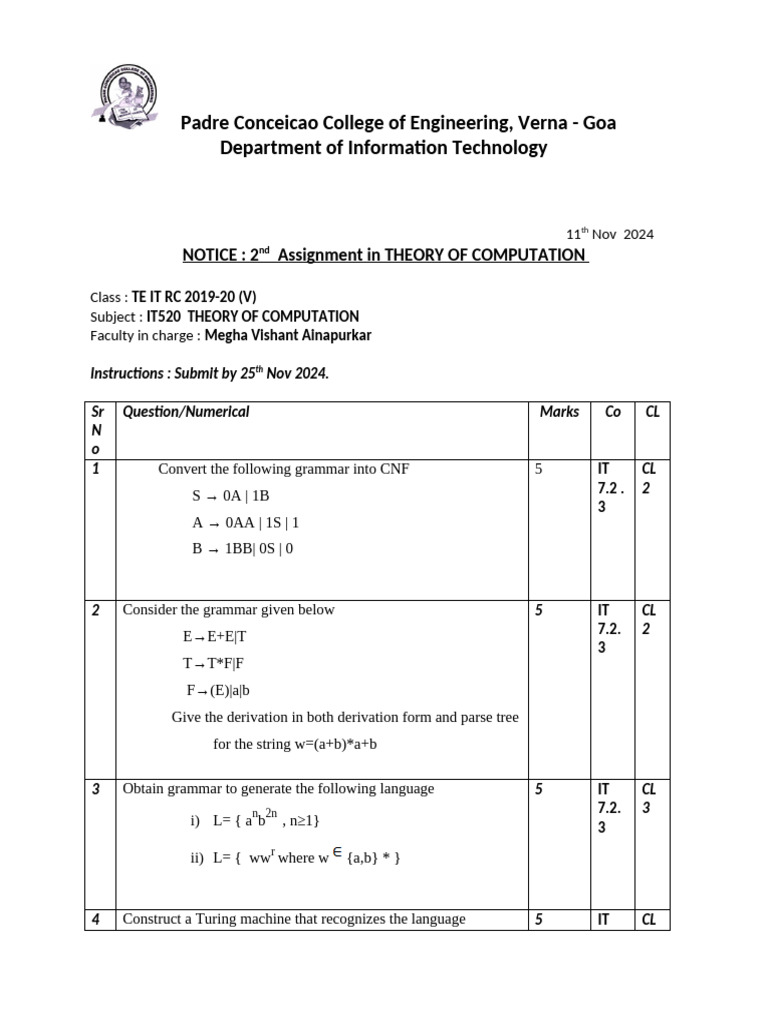Assignment2(TOC)_2024 | PDF | Theoretical Computer Science | Computer Science