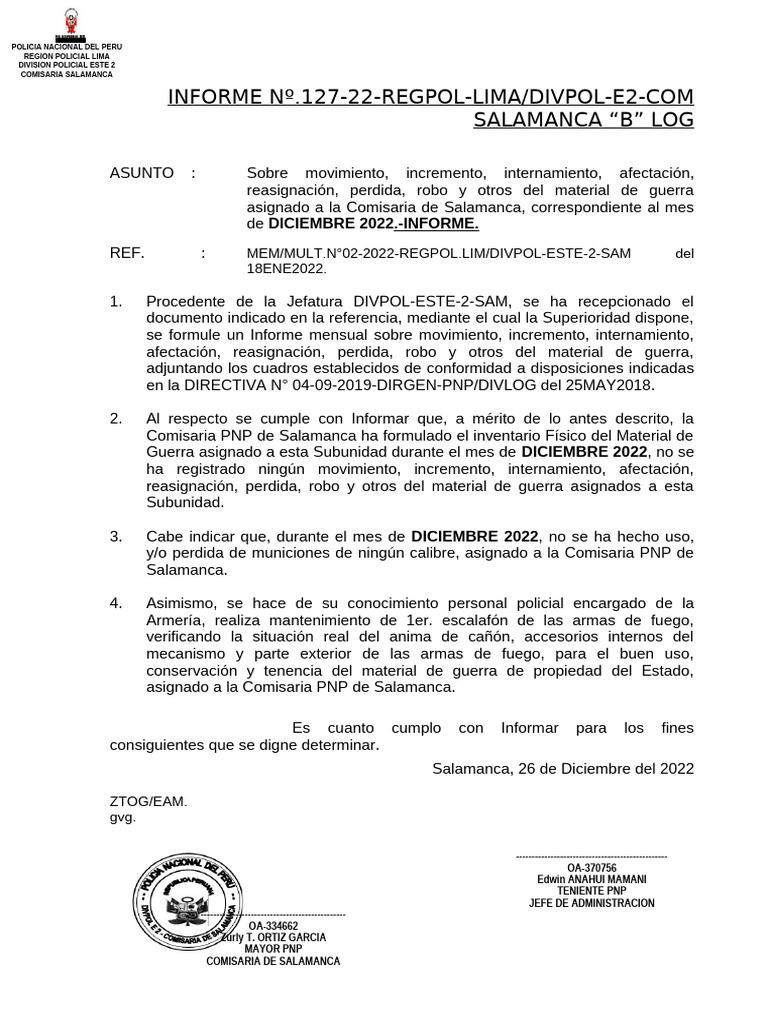 Informe Nº.127-2022-Informe Sobre Movimiento Incremento de Armamento de Guerra y Municion ...