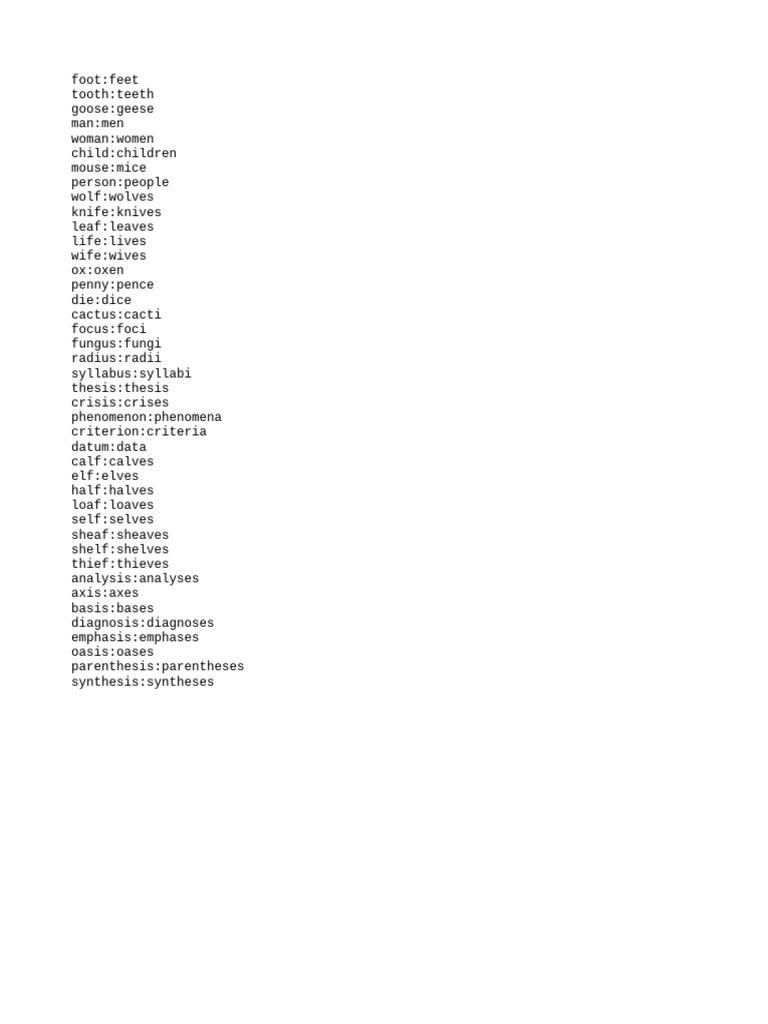 Vocabulario Sustantivos de Plurales Irregulares | PDF