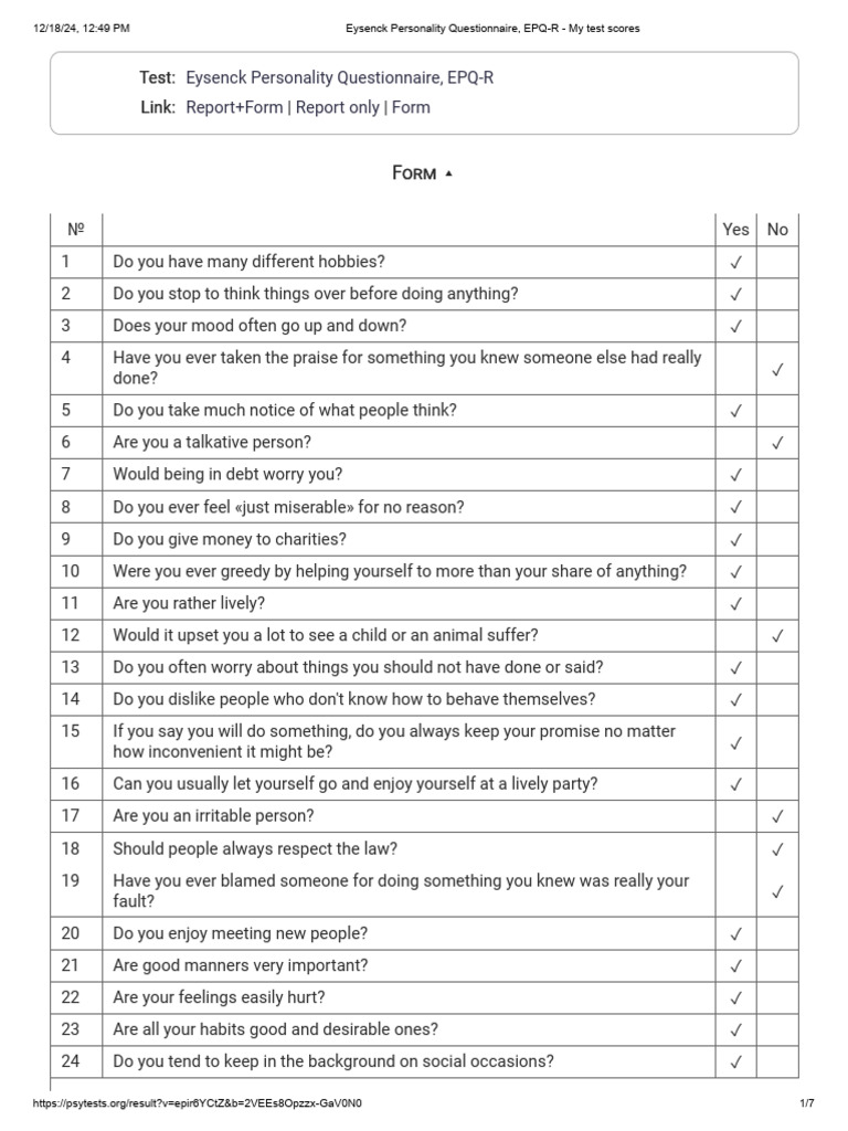 Eysenck Personality Questionnaire, EPQ-R - My Test Scores | PDF ...