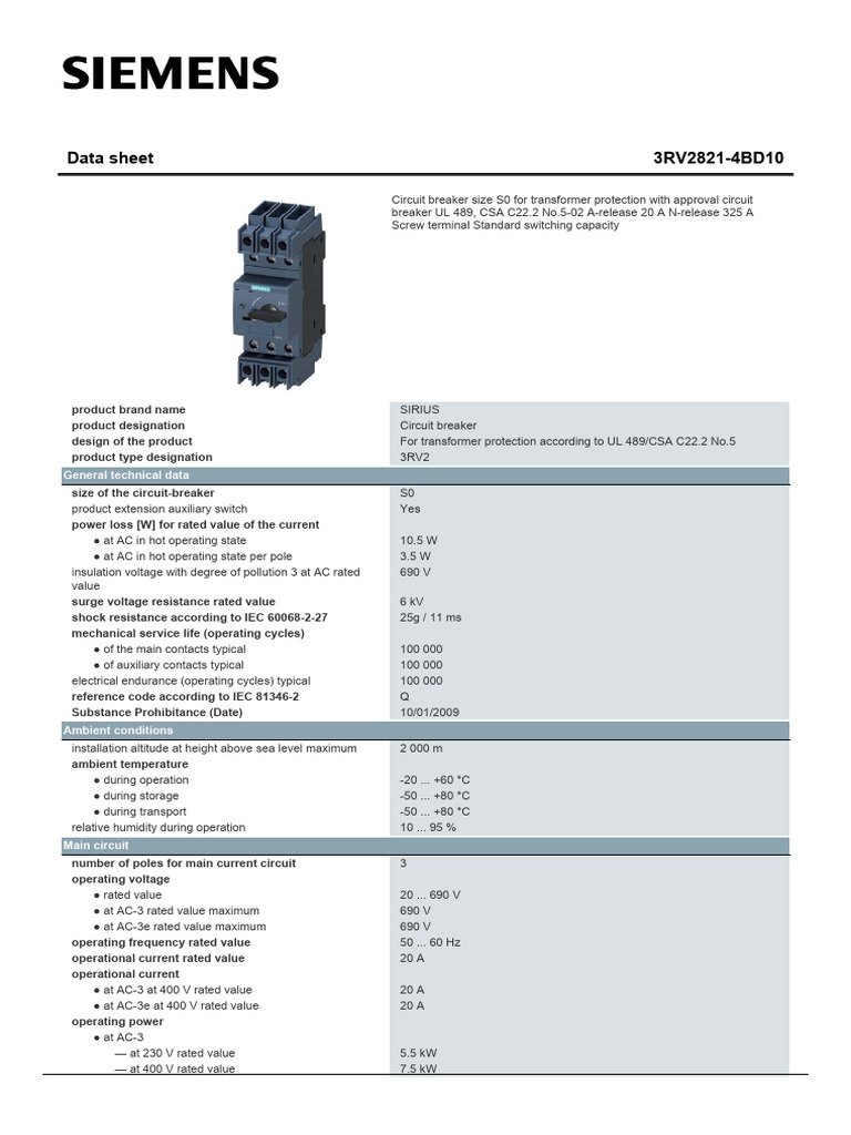 3RV28214BD10 Datasheet en | PDF | Alternating Current | Transformer