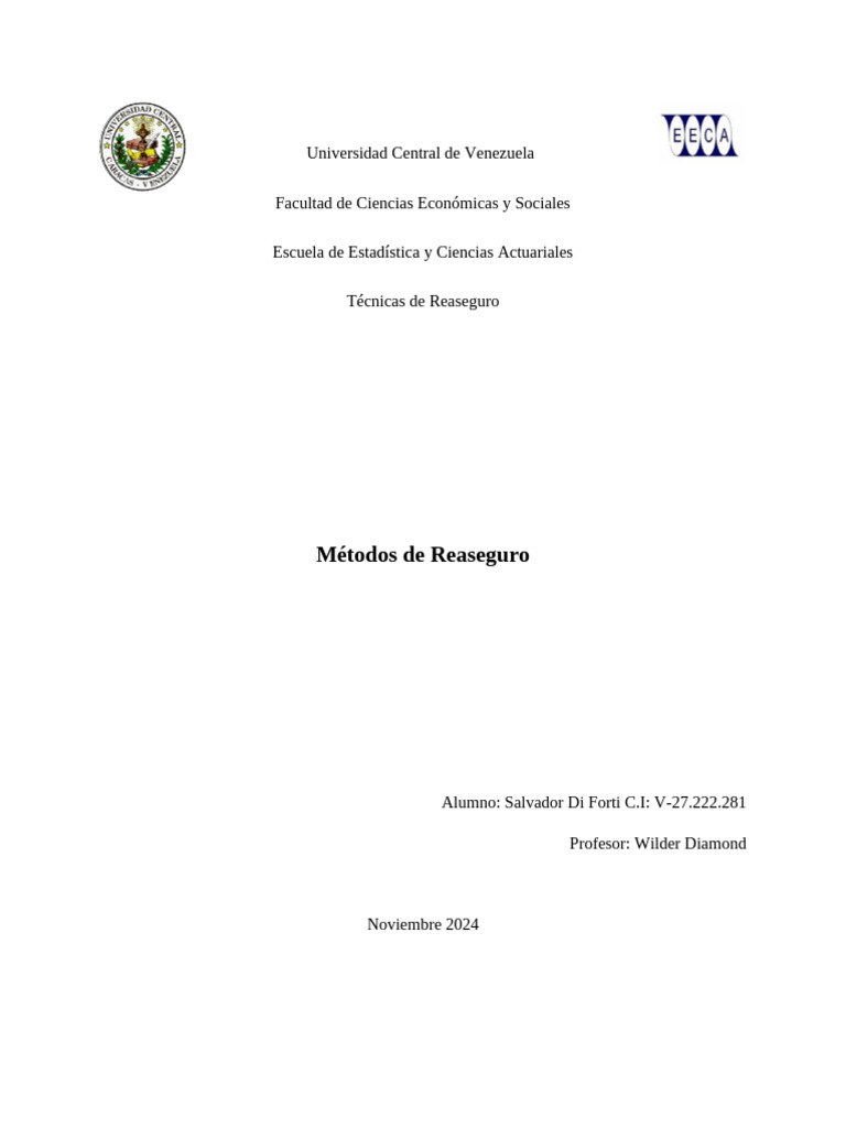 Trabajo Metodos del Reaseguro Salvador Di Forti | PDF | Reaseguro | Seguro
