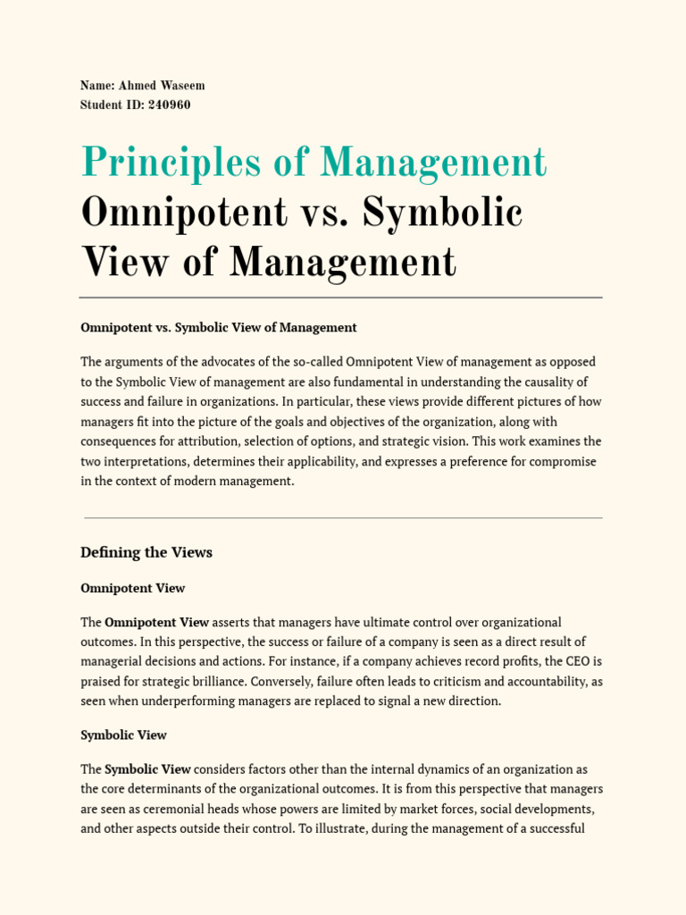 Omnipotent vs. Symbolic View of Management | PDF | Leadership | Risk