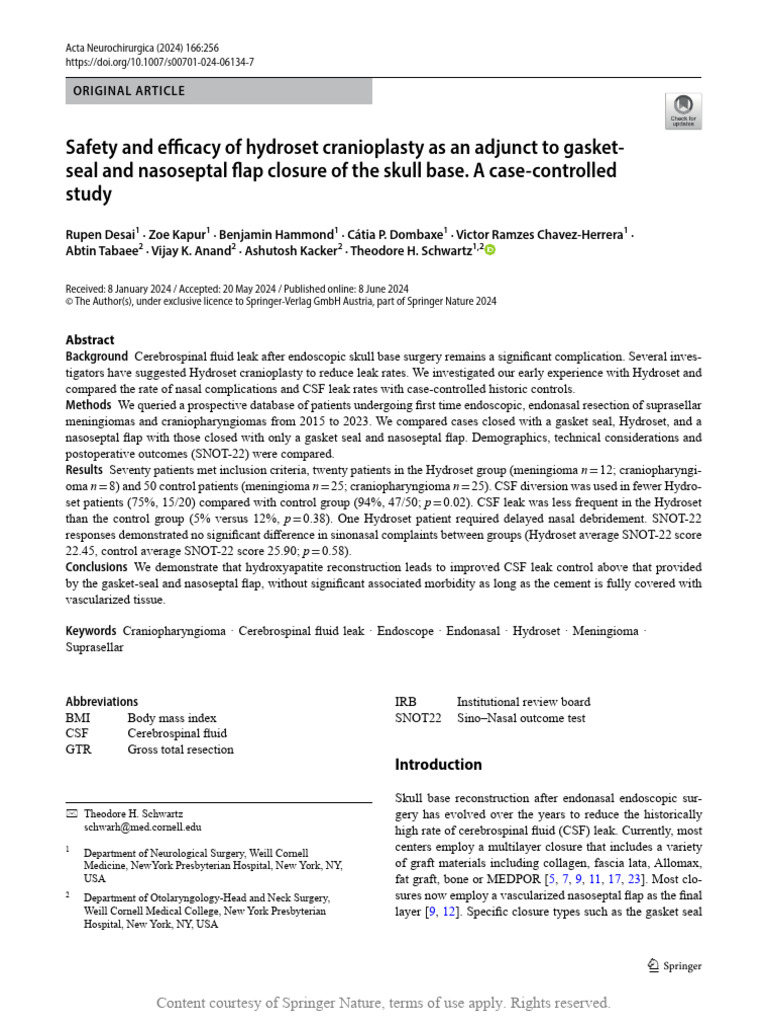 Safety and Efficacy of Hydroset Cranioplasty As An | PDF | Cerebrospinal Fluid | License