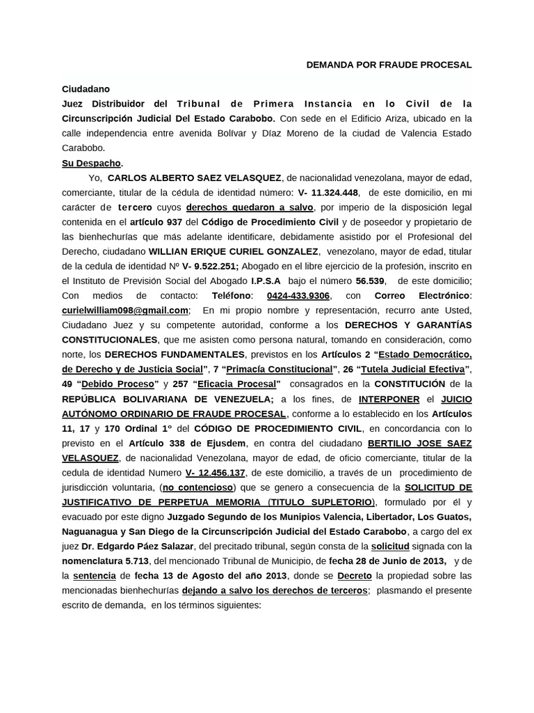 Demanda de Fraude Procesal Bienhechurias-final | PDF | Procedimiento Civil | Ley procesal