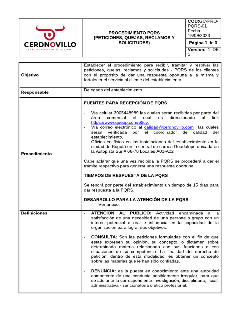 Procedimiento PQRS Cerdnovillo | PDF | Petición
