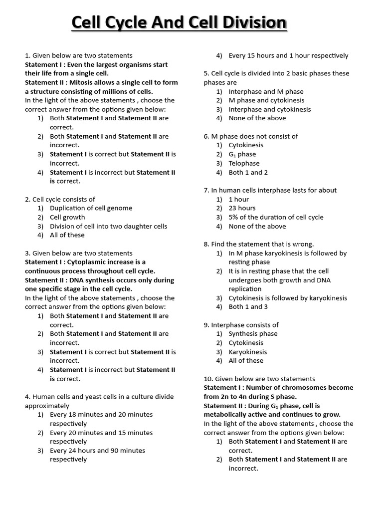 Cellular Division Quiz Questions | PDF | Mitosis | Cell Cycle