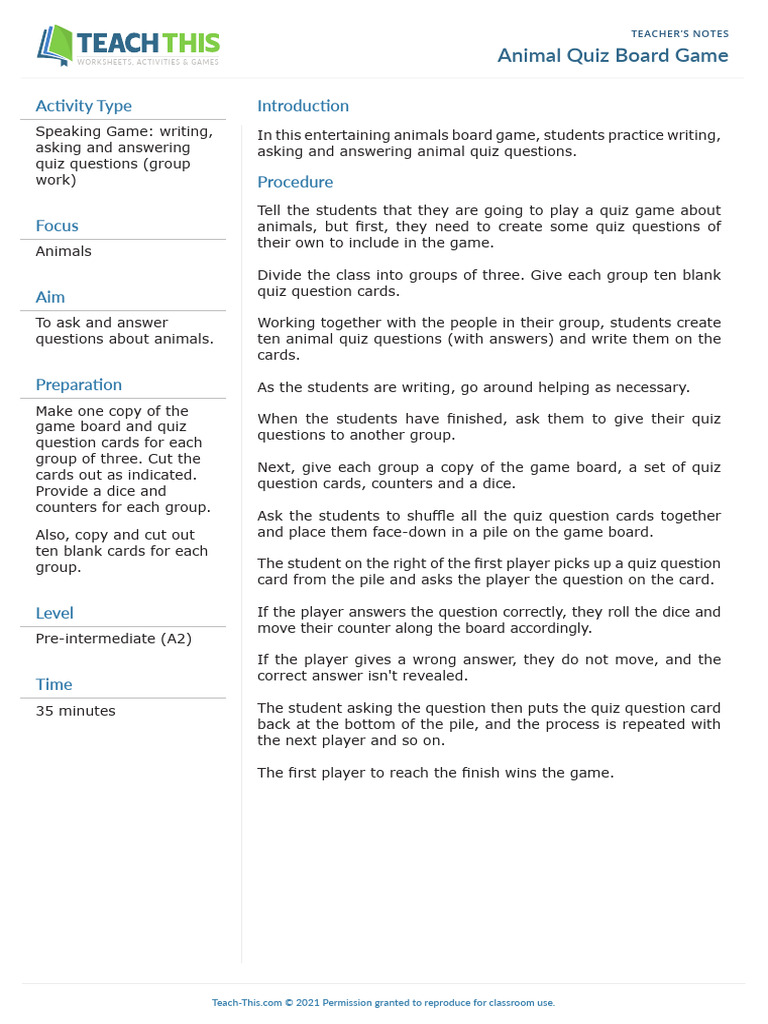 Animal Quiz Board Game | PDF | Zoology