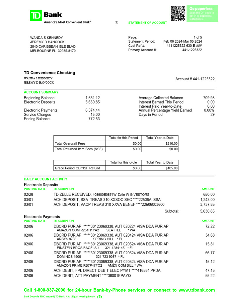 TD Bank Account Statement Summary | PDF | Banks | Debit Card